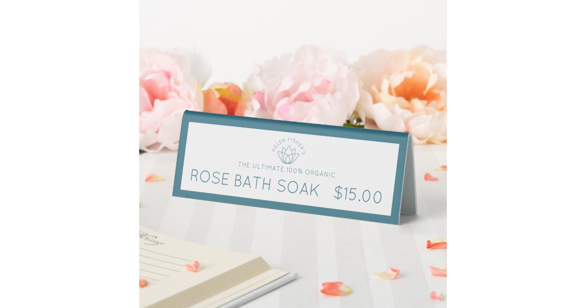 Bath soak salt beauty product price label table tent | Zazzle