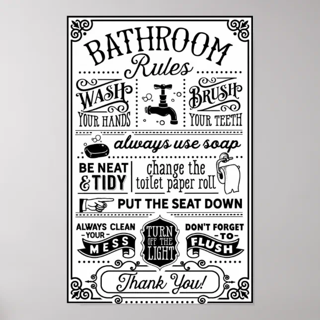Bathroom Rules | Quoted Wall Decor Poster | Zazzle