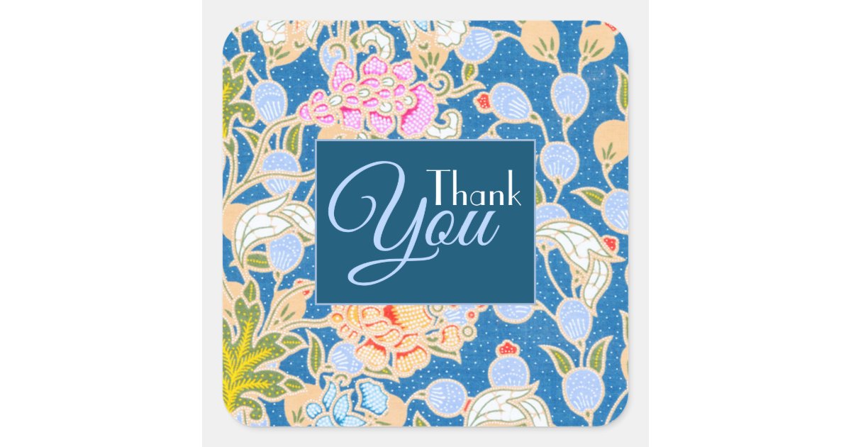 Batik Style Flowers Blue Background Thank You Square Sticker | Zazzle