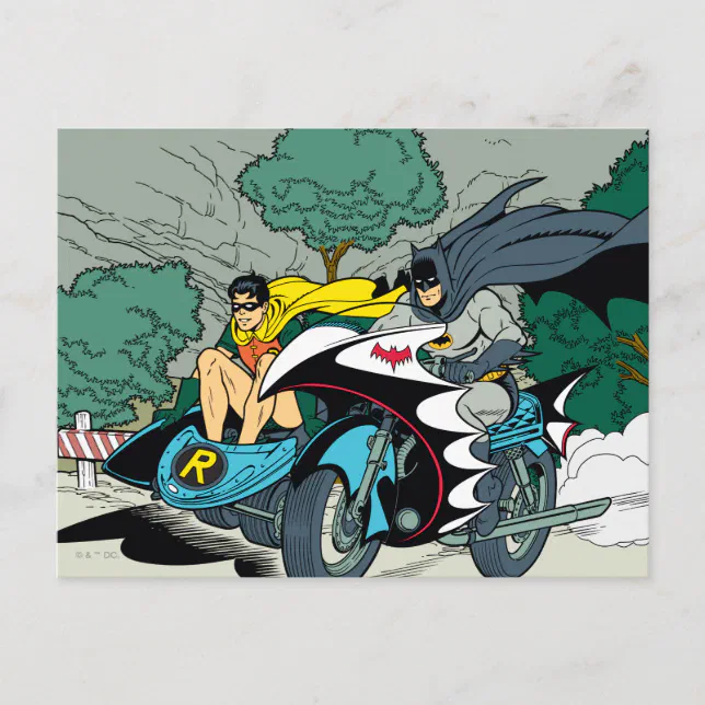 Batman And Robin In Batcycle Postcard | Zazzle