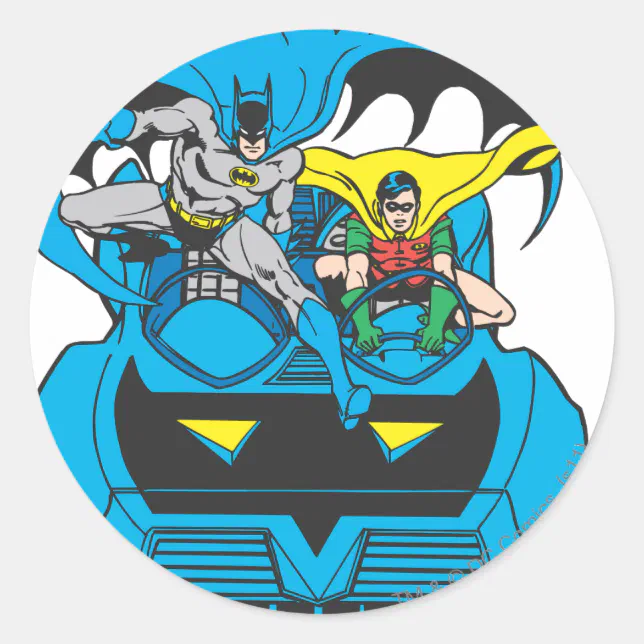 Batman & Robin Ride Batmobile Classic Round Sticker | Zazzle
