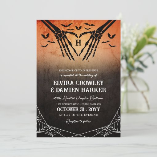 Bats & Skeleton Heart Goth Halloween Wedding Invitation | Zazzle