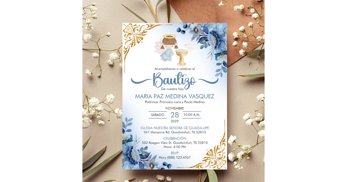 Bautizo Invitacion BLUE Flowers Girl Angel Baptism Invitation | Zazzle