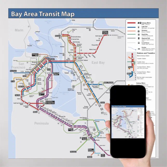Bay Area Transit Map with Detailed Legend Poster | Zazzle