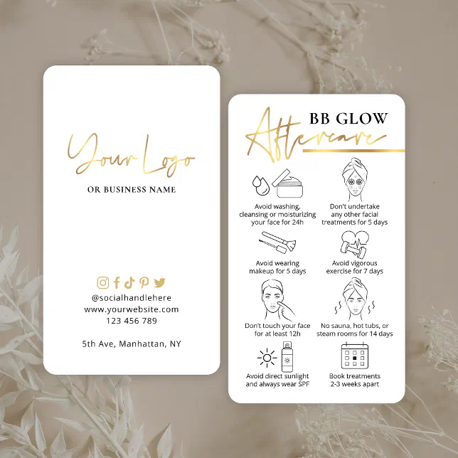 BB Glow Facial After Care Guide White & Gold PMU Business Card | Zazzle