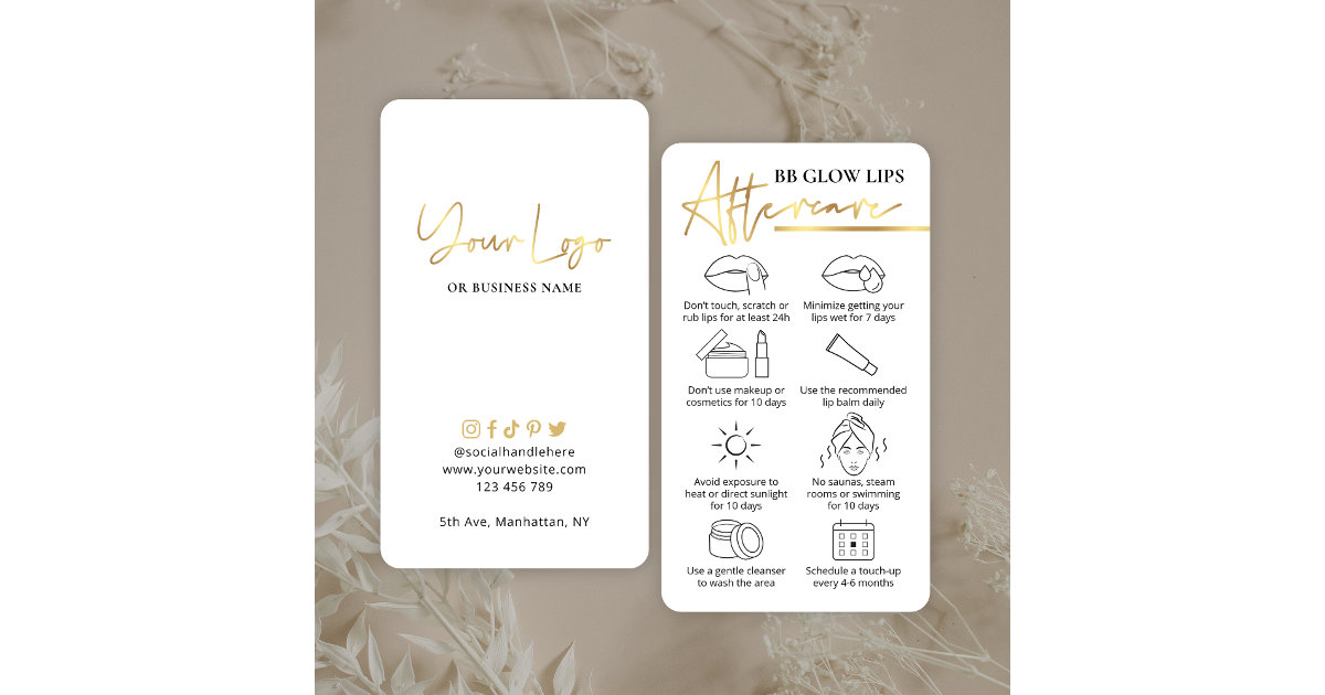 BB Glow Lips Aftercare White & Gold PMU Artist Business Card | Zazzle