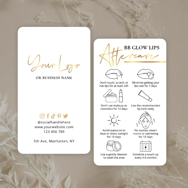 BB Glow Lips Aftercare White & Gold PMU Artist Business Card | Zazzle