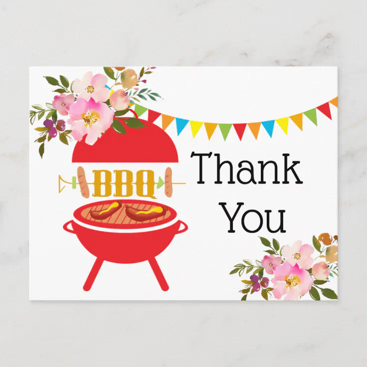 bbq birthday party, barbecue, bbq grill, thank you invitation postcard ...
