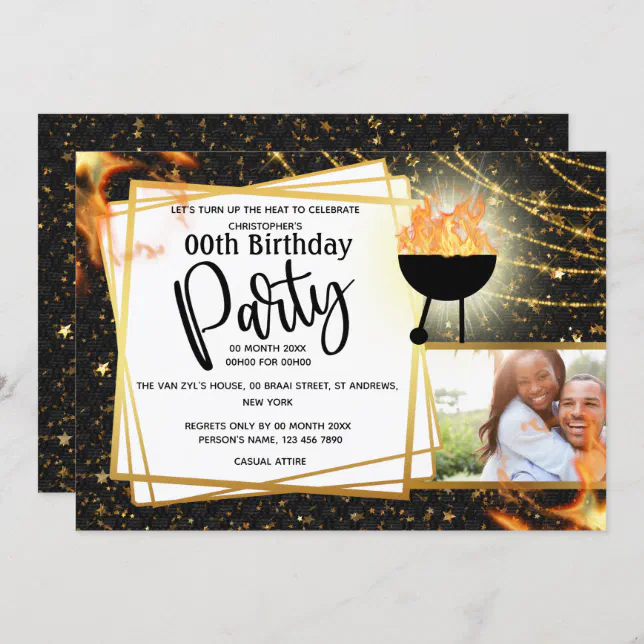 BBQ flames string lights DIY photo birthday party Invitation | Zazzle