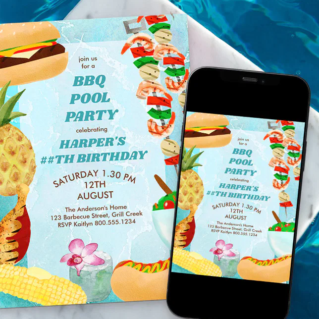 BBQ Pool Party Birthday Invitation | Zazzle