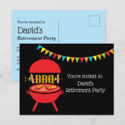 bbq retirement party, barbecue, bbq grill, invitation postcard | Zazzle
