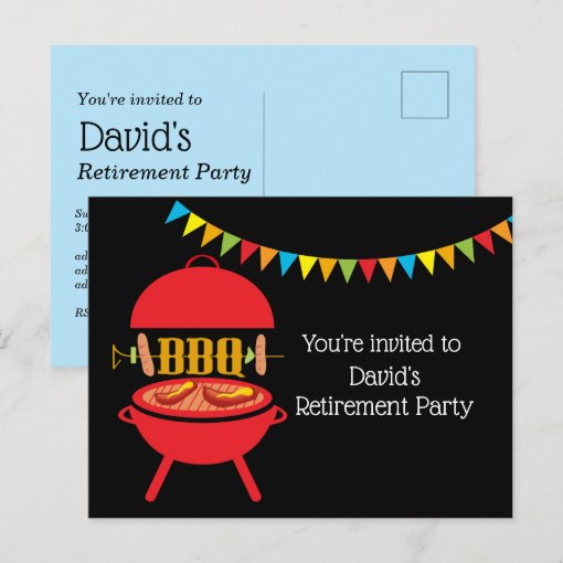 bbq retirement party, barbecue, bbq grill, invitation postcard | Zazzle