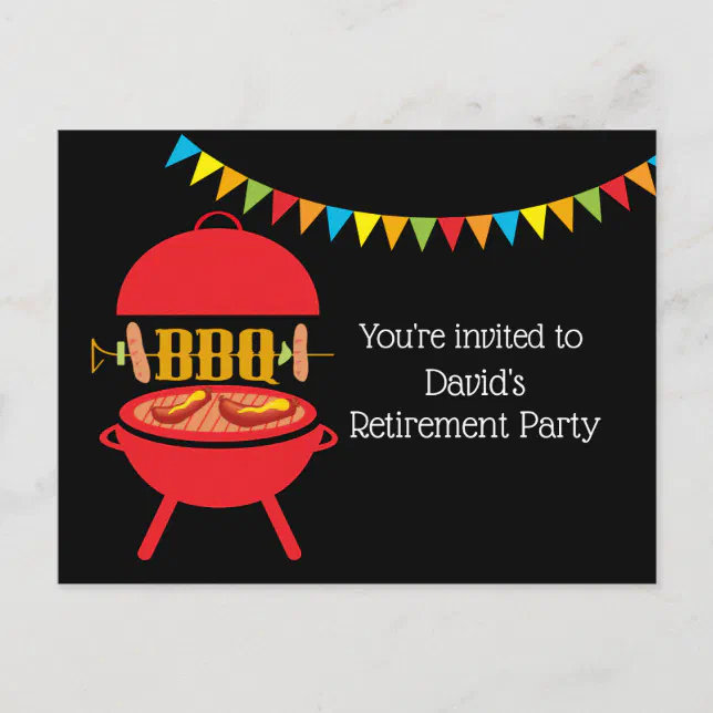 bbq retirement party, barbecue, bbq grill, invitation postcard | Zazzle