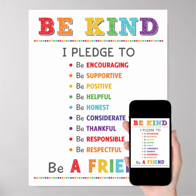 Be Kind Pledge Classroom Anti Bully Campaign Poster | Zazzle