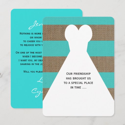 Be My Bridesmaid Poem Turquoise with Burlap Look Invitation | Zazzle