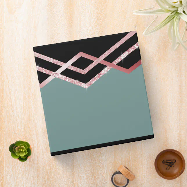 Be Organized ROSEGOLD Glitter Black Deco Geometric 3 Ring Binder | Zazzle
