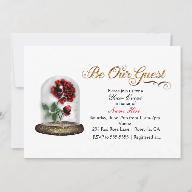 Be Our Guest Red Rose in Glass Elegant White Invitation | Zazzle