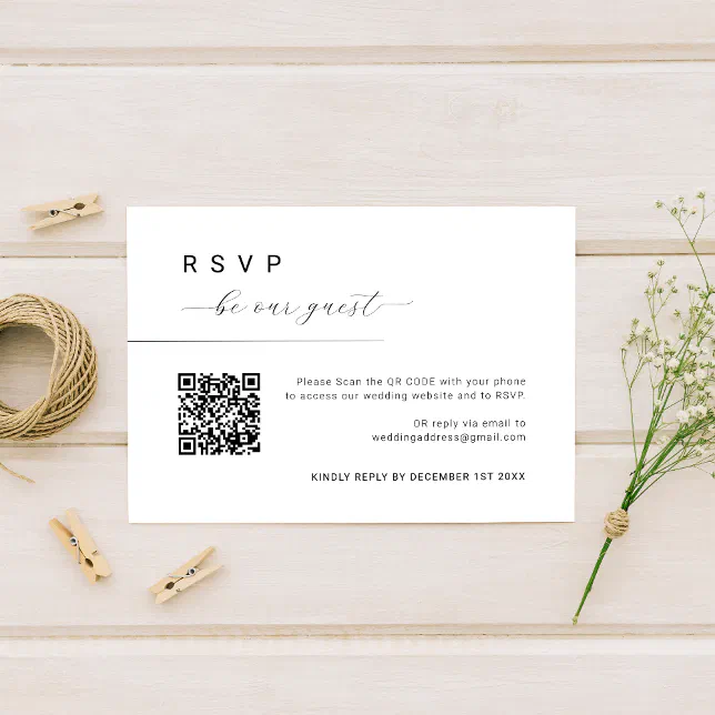 Be our guest Script Simple Minimal Wedding QR Code RSVP Card | Zazzle