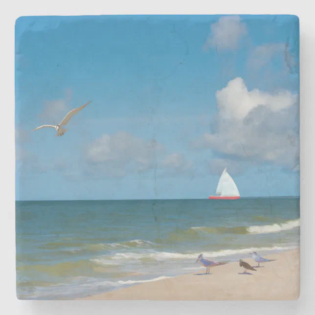 Beach and Ocean View with Sailboat Stone Coaster | Zazzle