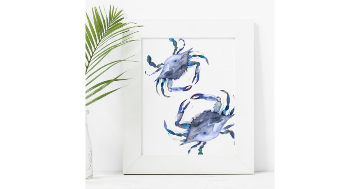 Beach Art Watercolor Coastal Blue Crab Poster | Zazzle