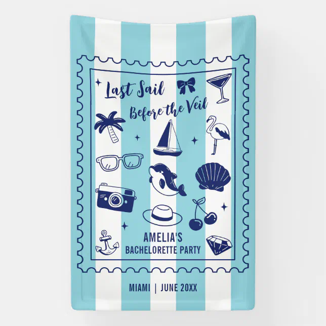 Beach Bachelorette Party Last Sail Doodle Stripes Banner | Zazzle