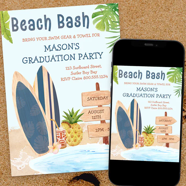 Beach Bash Graduation Party Surfboard Invitation | Zazzle