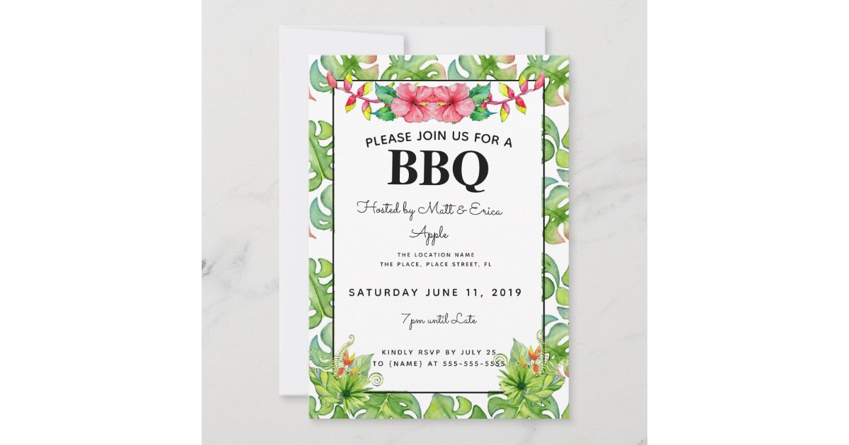 Beach BBQ Party, Barbecue tropical leaves Invitation | Zazzle
