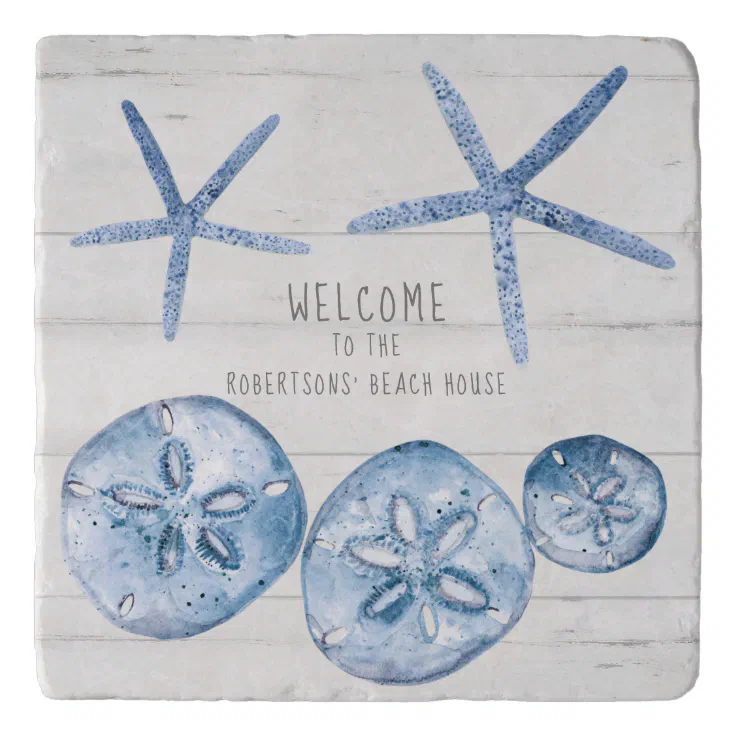 Beach Blue n White Starfish Sand Dollar Sea Shells Trivet | Zazzle