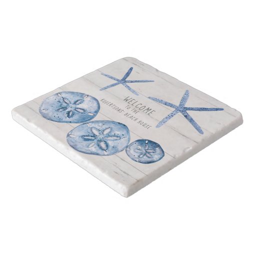 Beach Blue n White Starfish Sand Dollar Sea Shells Trivet | Zazzle