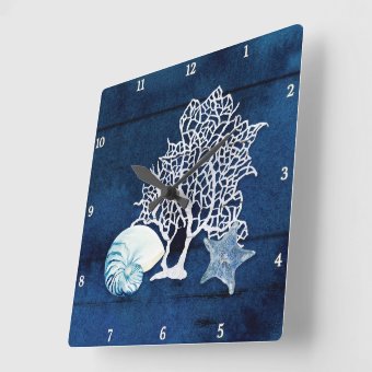 Beach Blue Starfish Nautilus Coral Sea Watercolor Square Wall Clock ...