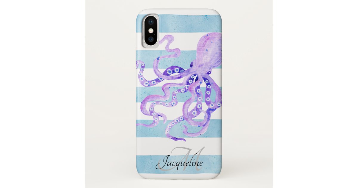 Beach Blue White Striped Watercolor Purple Octopus Case-Mate iPhone ...