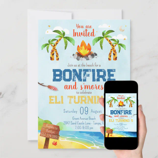 Beach Bonfire Birthday Party Invitation | Zazzle