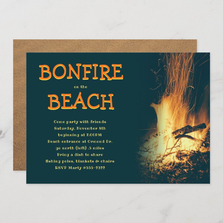 Beach Bonfire Nighttime Party Invitation | Zazzle