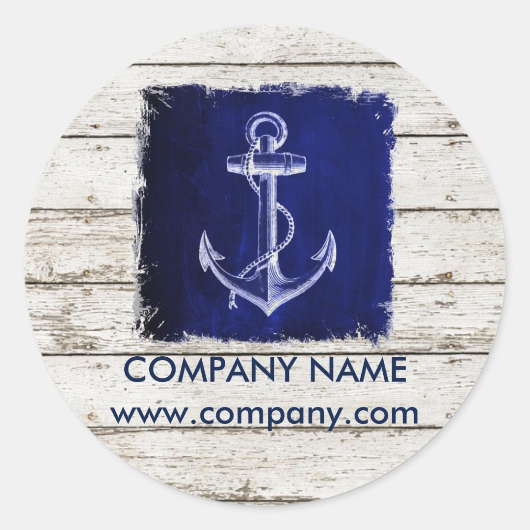 beach chic wood nautical navy blue anchor classic round sticker | Zazzle