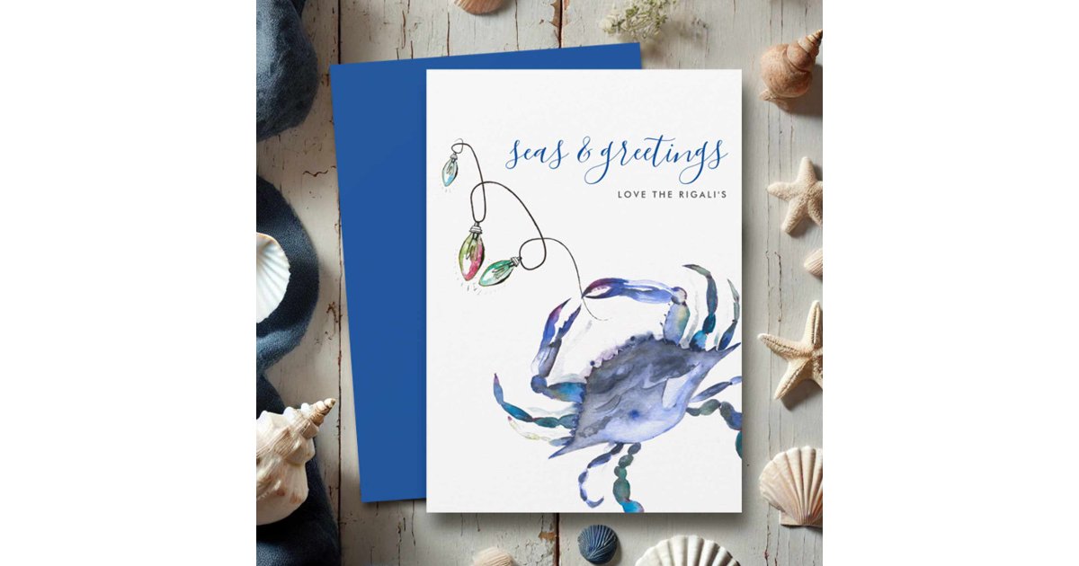 Beach Christmas Card Blue Watercolor Crab | Zazzle