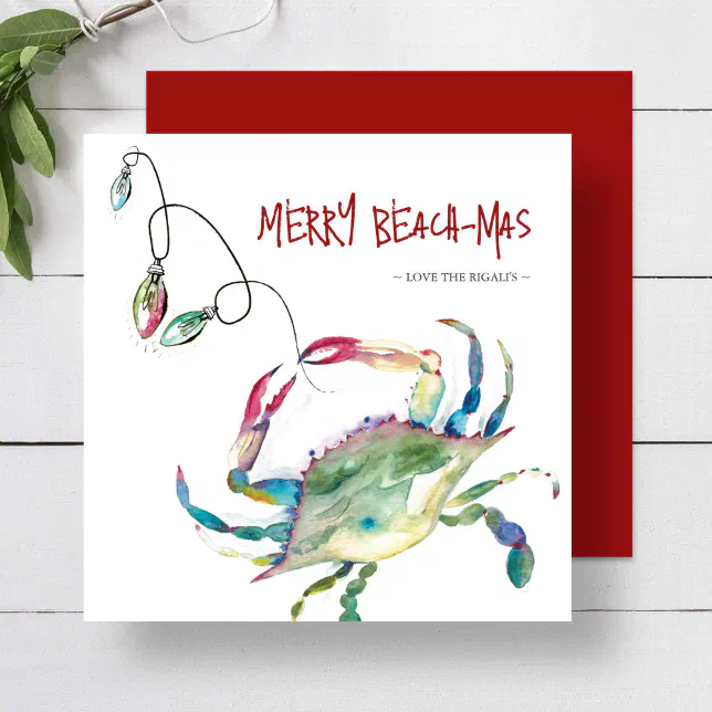 Beach Christmas Cards Watercolor Blue Crab | Zazzle