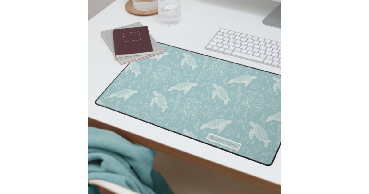 Beach Coastal Sea Turtles Coral Line Art Aqua Blue Desk Mat | Zazzle