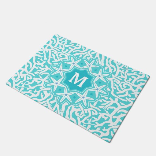 Beach Coral Reef Starfish Monogram in Aqua Blue Doormat | Zazzle