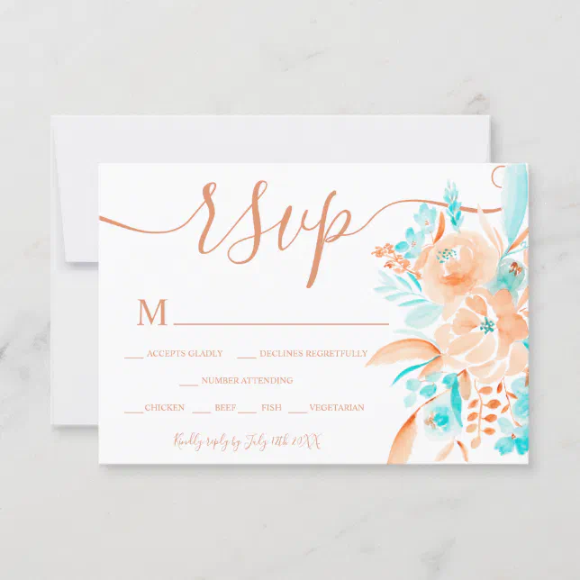 Beach coral teal floral watercolor rsvp wedding | Zazzle