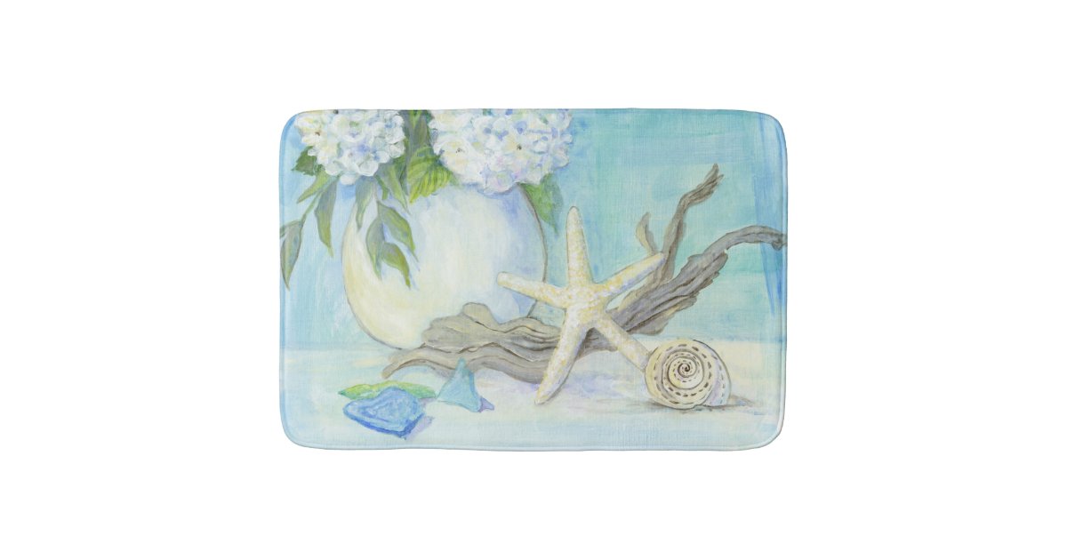 Beach Cottage Seashell Starfish w Sea Glass Floral Bath Mat | Zazzle