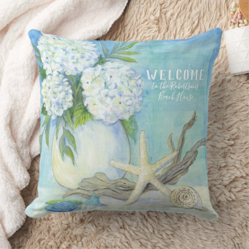 Beach Cottage White Hydrangea Seashell N Sea Glass Throw Pillow Zazzle