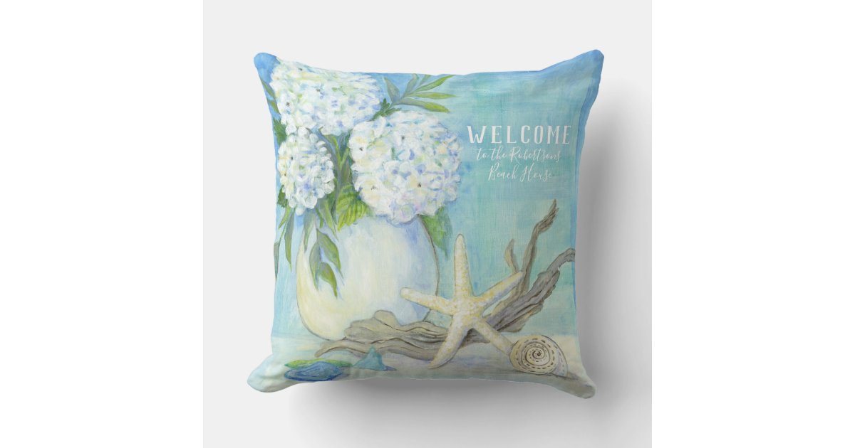 Beach Cottage White Hydrangea Seashell N Sea Glass Throw Pillow Zazzle