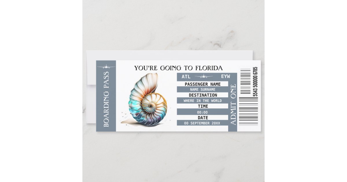 Beach destination boarding pass ticket shell invitation | Zazzle