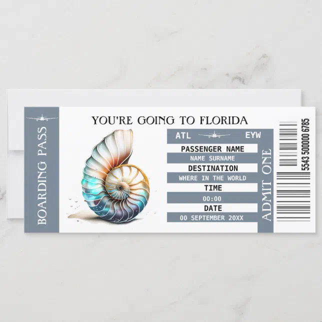 Beach destination boarding pass ticket shell invitation | Zazzle