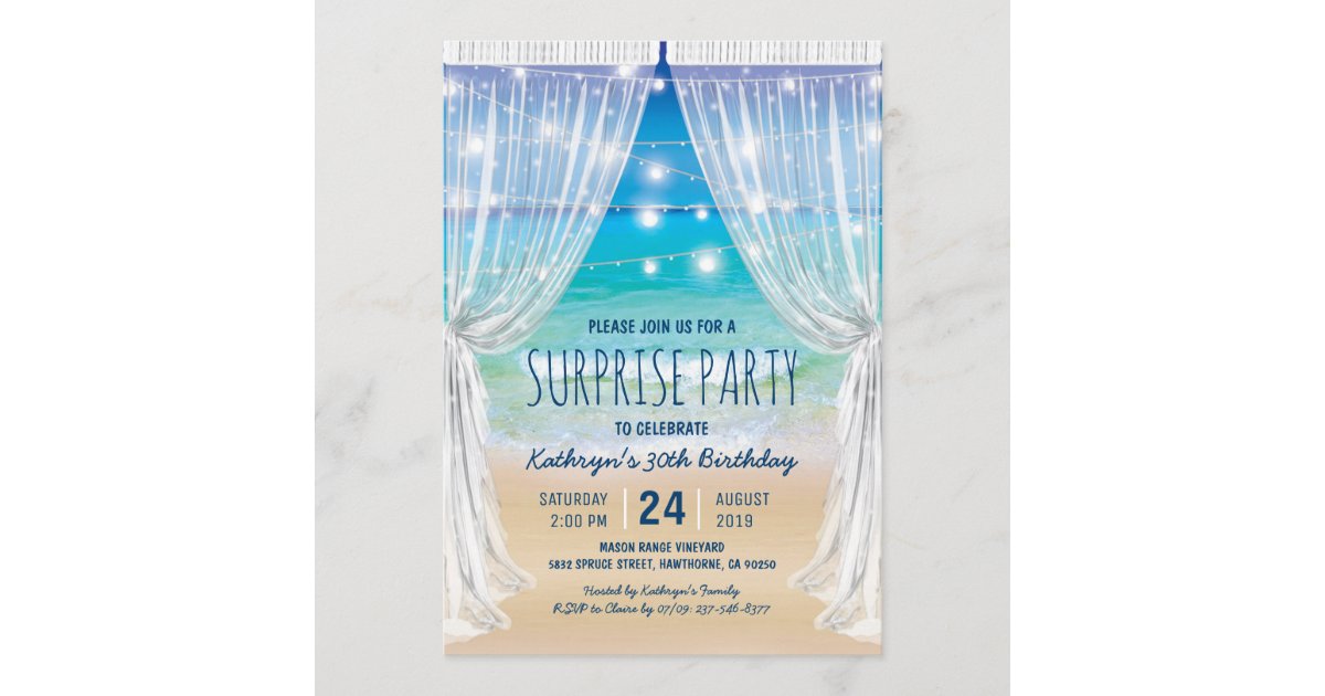 Beach Destination Surprise Birthday Party Invitation | Zazzle.com