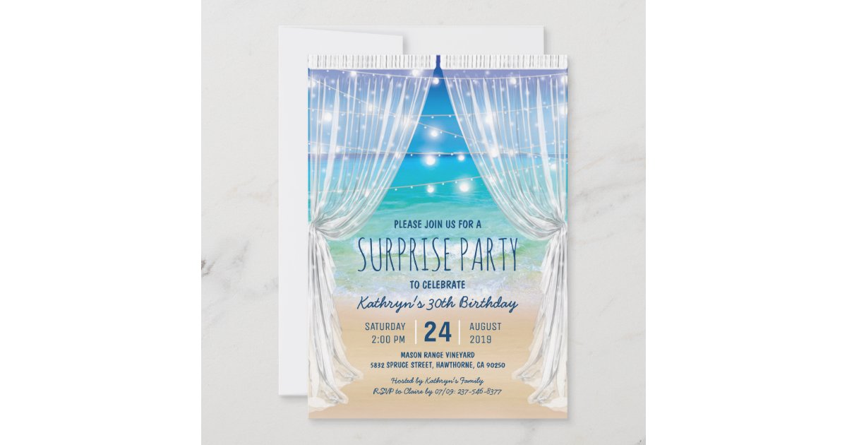 Beach Destination Surprise Birthday Party Invitation | Zazzle