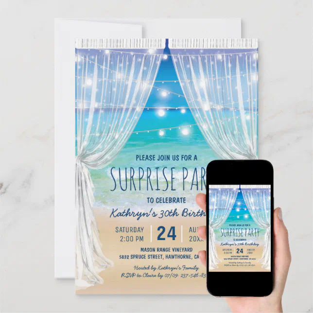 Beach Destination Surprise Birthday Party Invitation | Zazzle