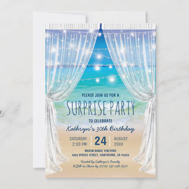 Beach Destination Surprise Birthday Party Invitation | Zazzle