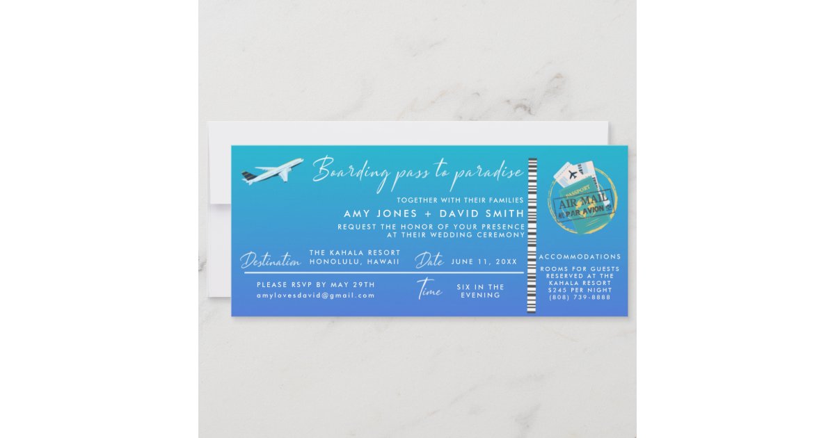 Beach Destination Wedding Boarding Pass Invitation | Zazzle