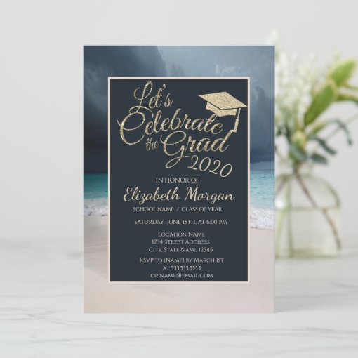 Beach Glitter Graduation Cap Graduation Invitation | Zazzle